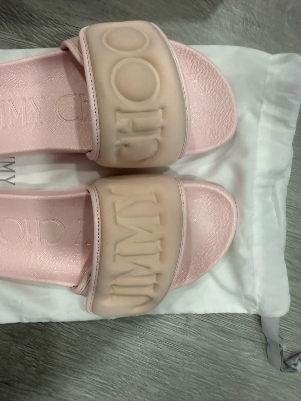 Jimmy Choo | Shoes | Jimmy Choo Pink Embossed Logo Slide Sandals | Poshmark